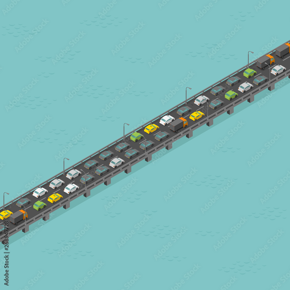 Isometric bridge road. High traffic. Long elevated highway. Bridge over ...