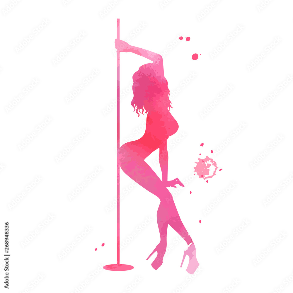 Vector Silhouette Pole Dance With Watercolor Texture On A White