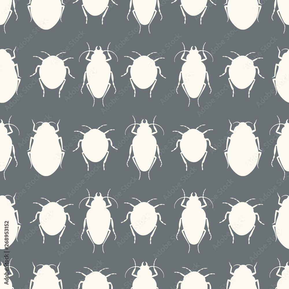 Cream silhouettes beetles on a dark grey background. A seamless vector ...