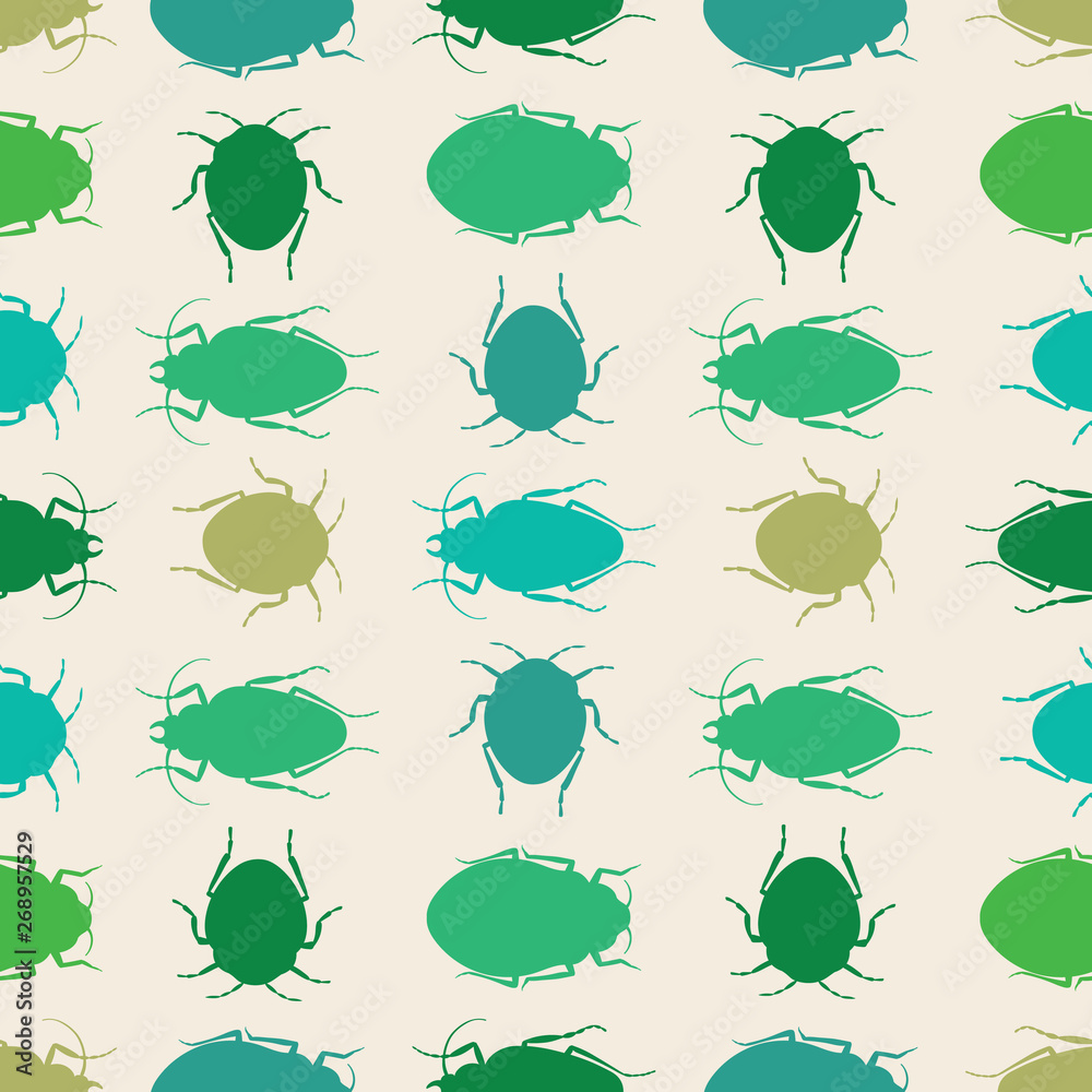 Green silhouette beetles on a cream background. A seamless vector ...