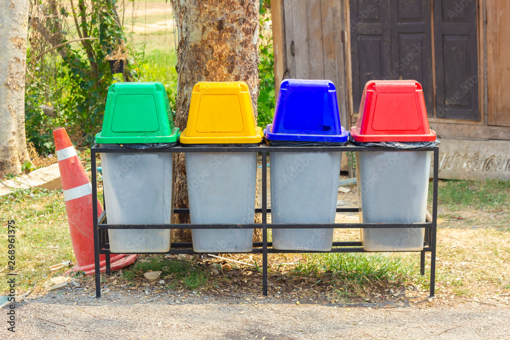 Bin, green, blue, yellow and red recycle bins with recycle waste symbol ...