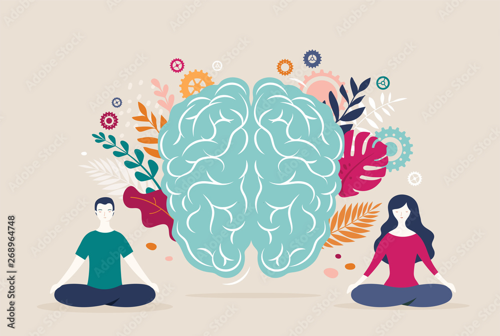 Young woman and man sit with crossed legs and meditate with brain icon ...