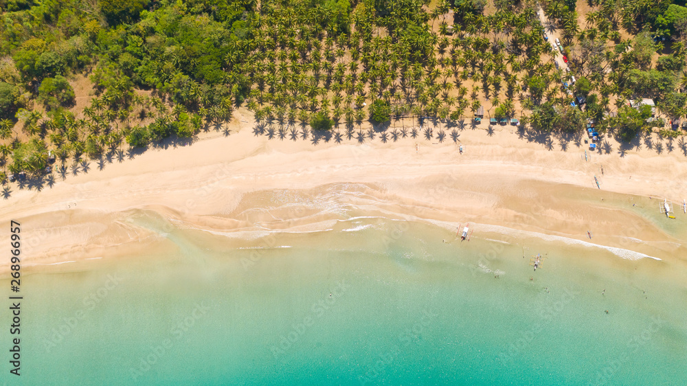 White sandy beach with palm trees and a beautiful lagoon.Landscape with ...