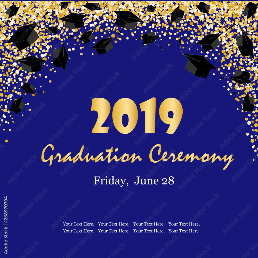 Graduation ceremony banner with graduate caps, glitter dots on a dark ...