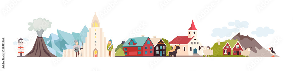 Iceland skyline colorful vector background. Famous Iceland building ...