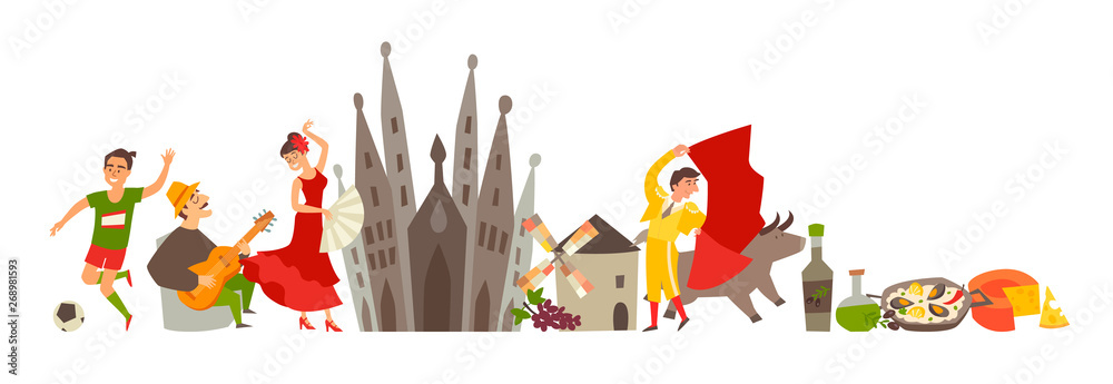 Spain skyline colorful cartoon background. Spain hand drawn vector ...