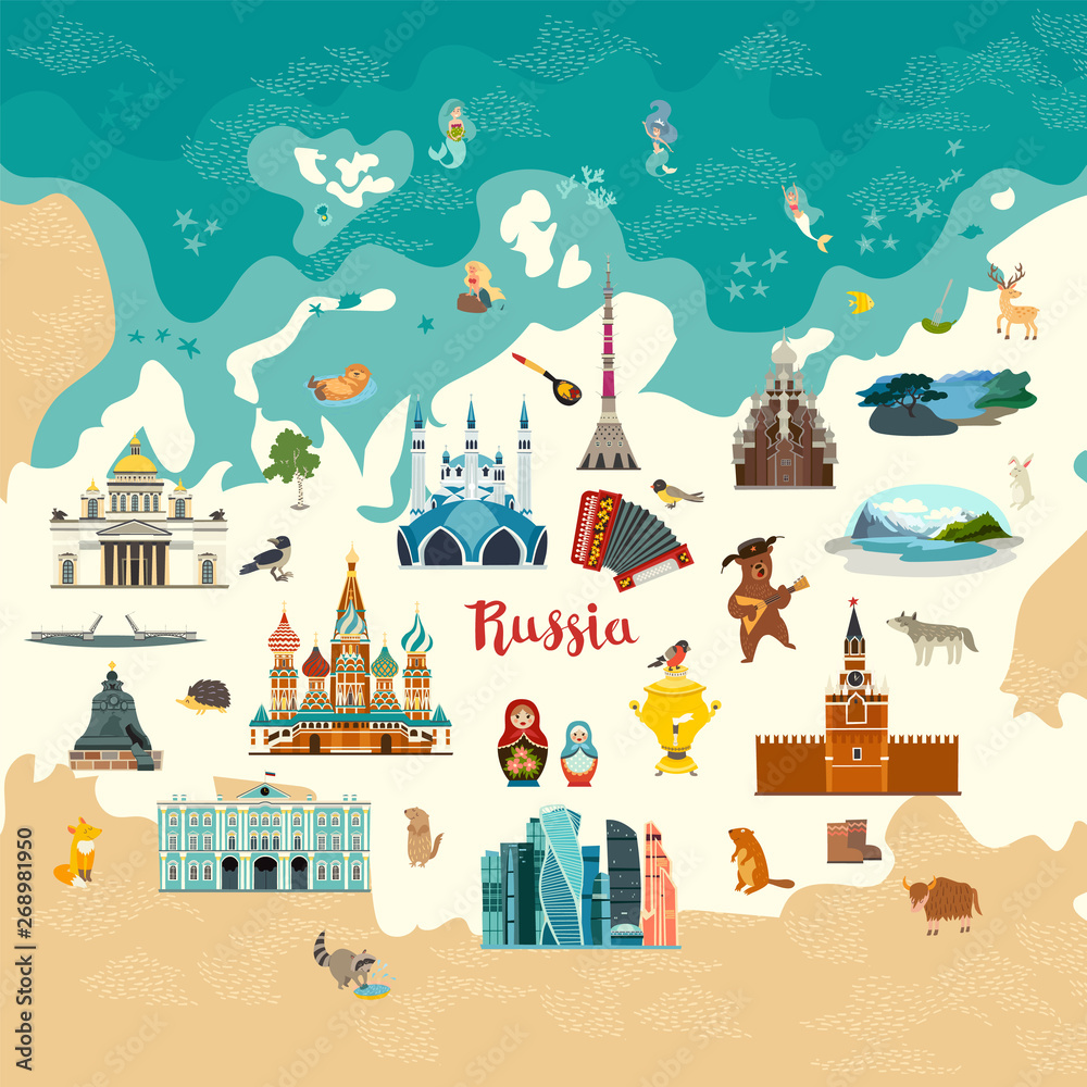 Russia vector map, colorfull illustration. Russian symbol. Cherch and ...