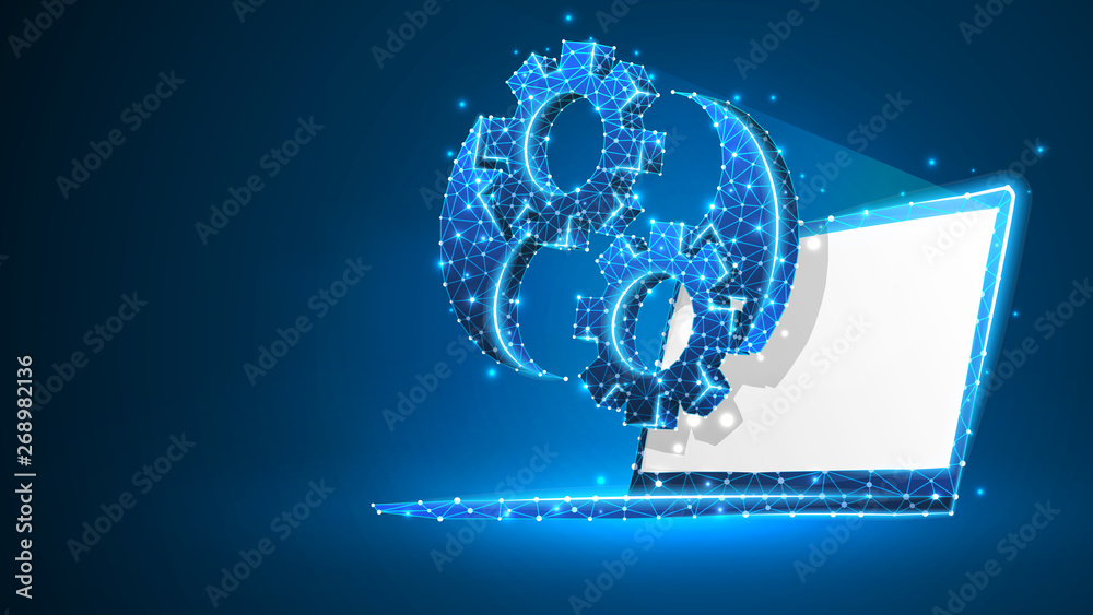 Gears Yin Yan symbol on white laptop screen. Industry balance, business ...