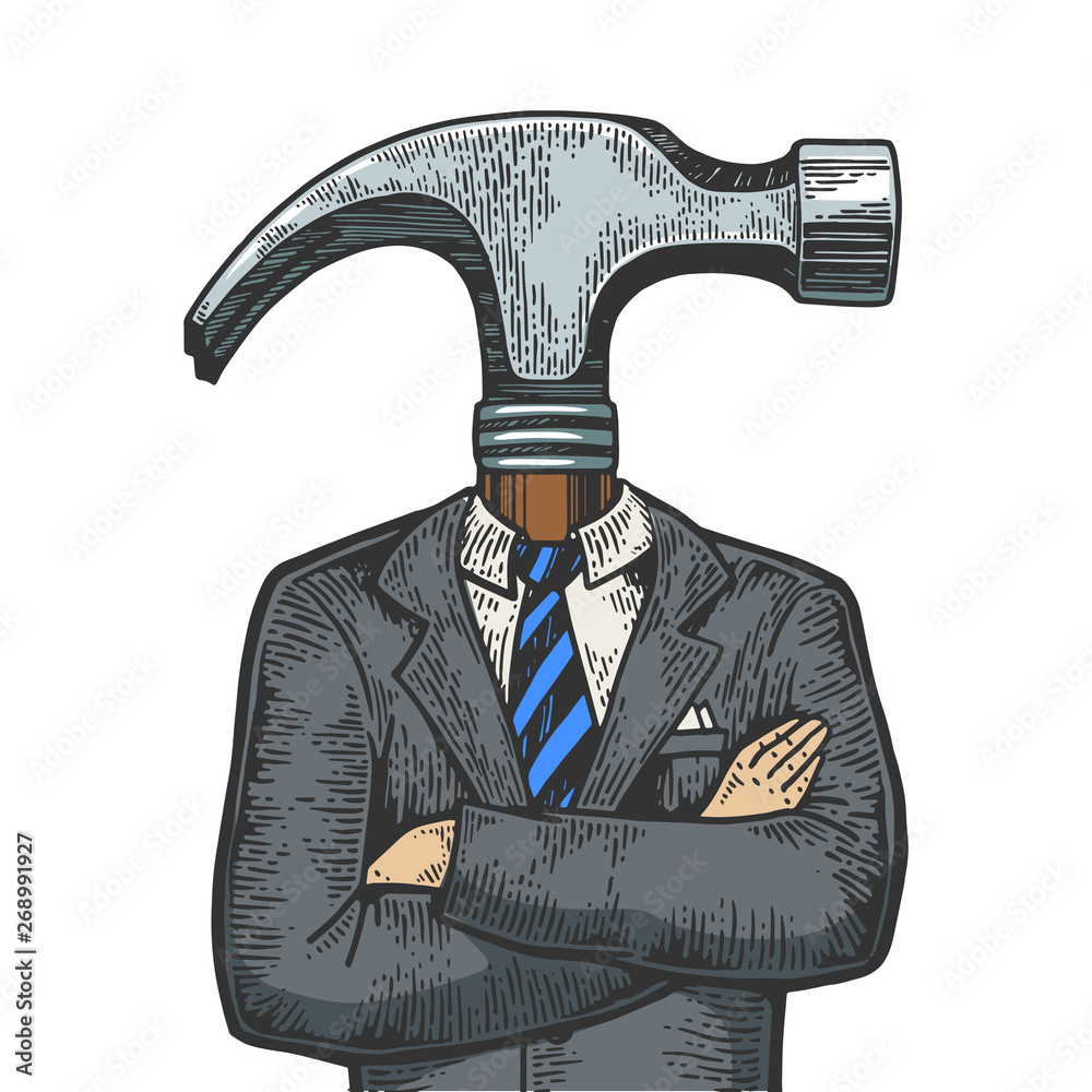 Hammer head businessman color sketch line art engraving vector ...