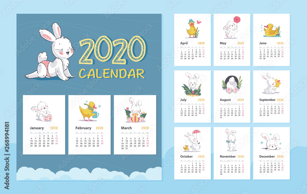 Vector 2020 baby calendar design template with cute white bunny animal ...