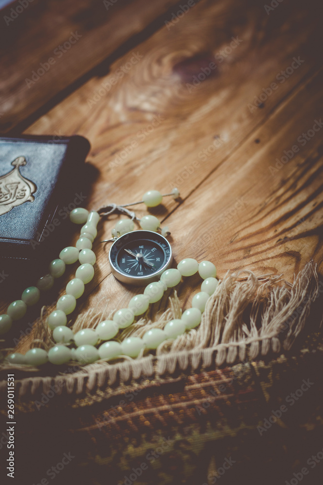 Traditional muslim prayer set bundle. Praying carpet, rosary beads ...