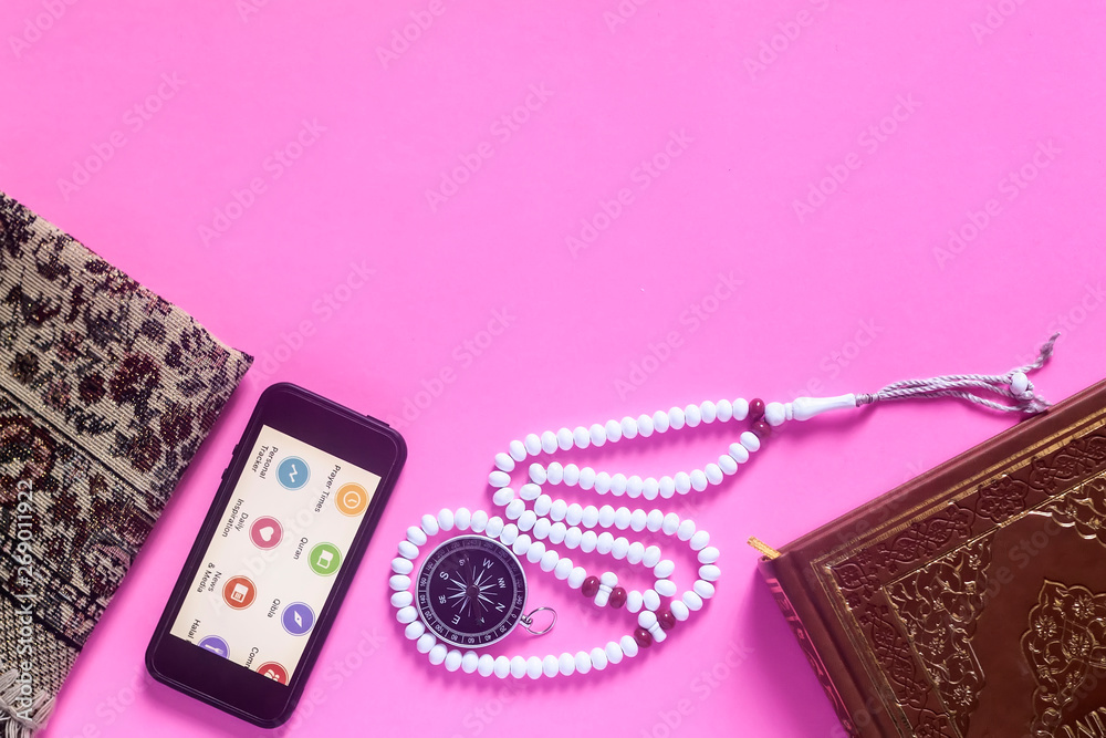 Traditional muslim prayer set bundle. Praying carpet, rosary beads ...