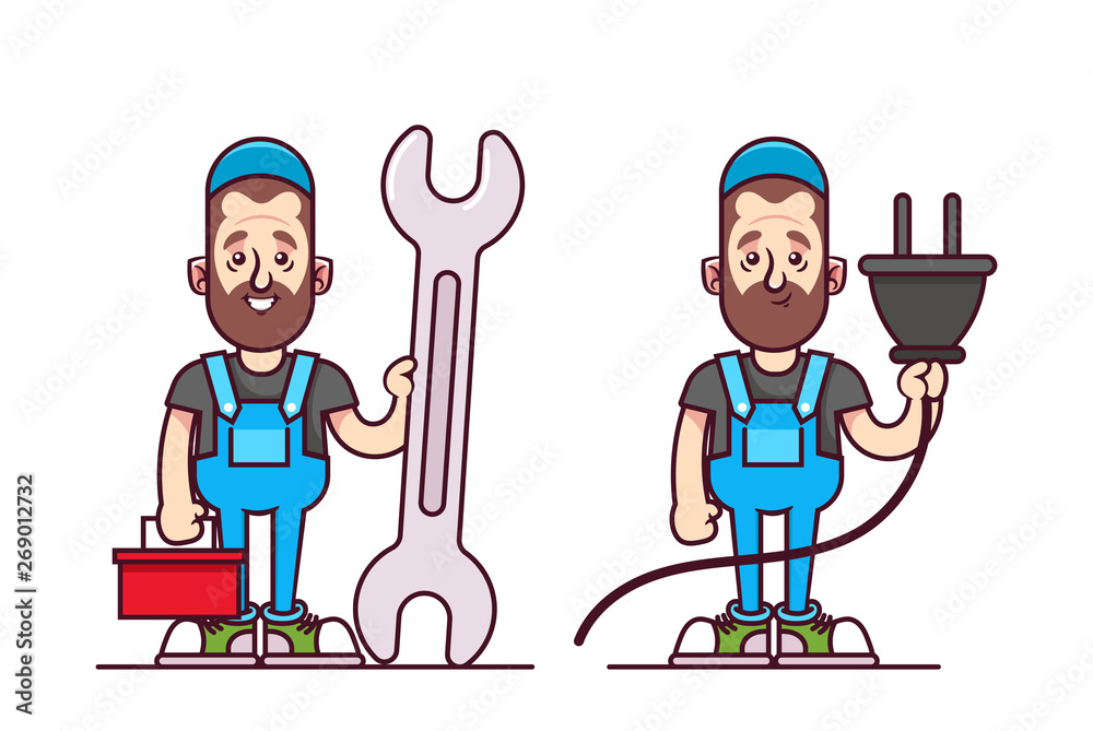 Cartoon Doodle Character. Repairman with Toolbox, Wrench and plug ...