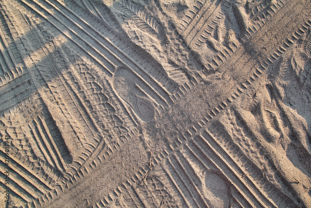Tracks in sand. Part of prints and tracks of tire, foot, feet, sun sea ...