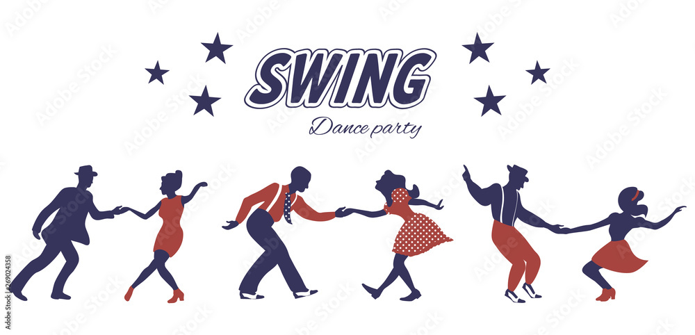 Three swing dance couples silhouettes in red and blue colors with ...