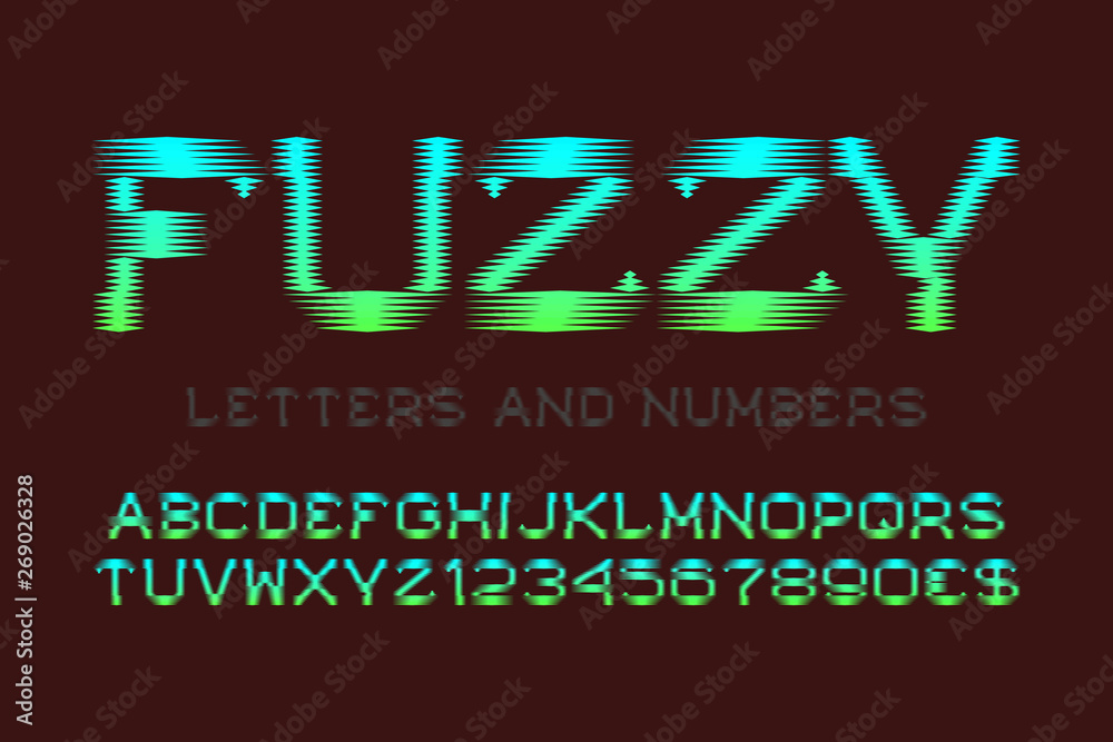 Fuzzy letters and numbers with currency signs. Green blue gradient font ...