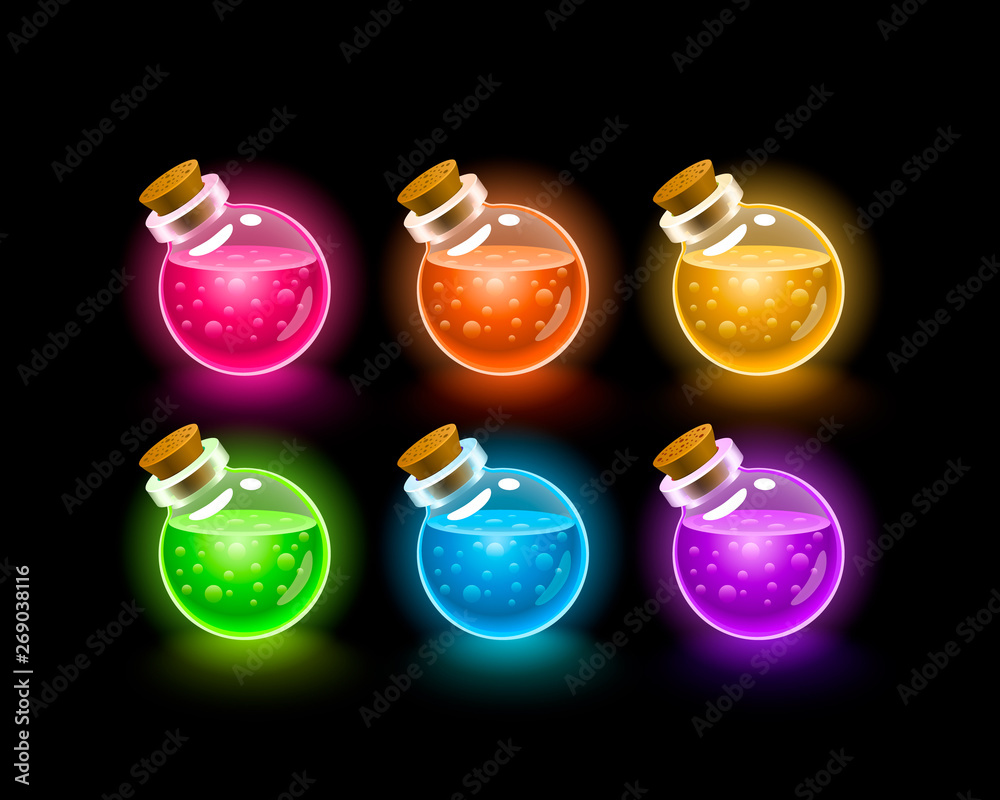 Magic Flasks color set, dark background. Vector Stock Vector | Adobe Stock