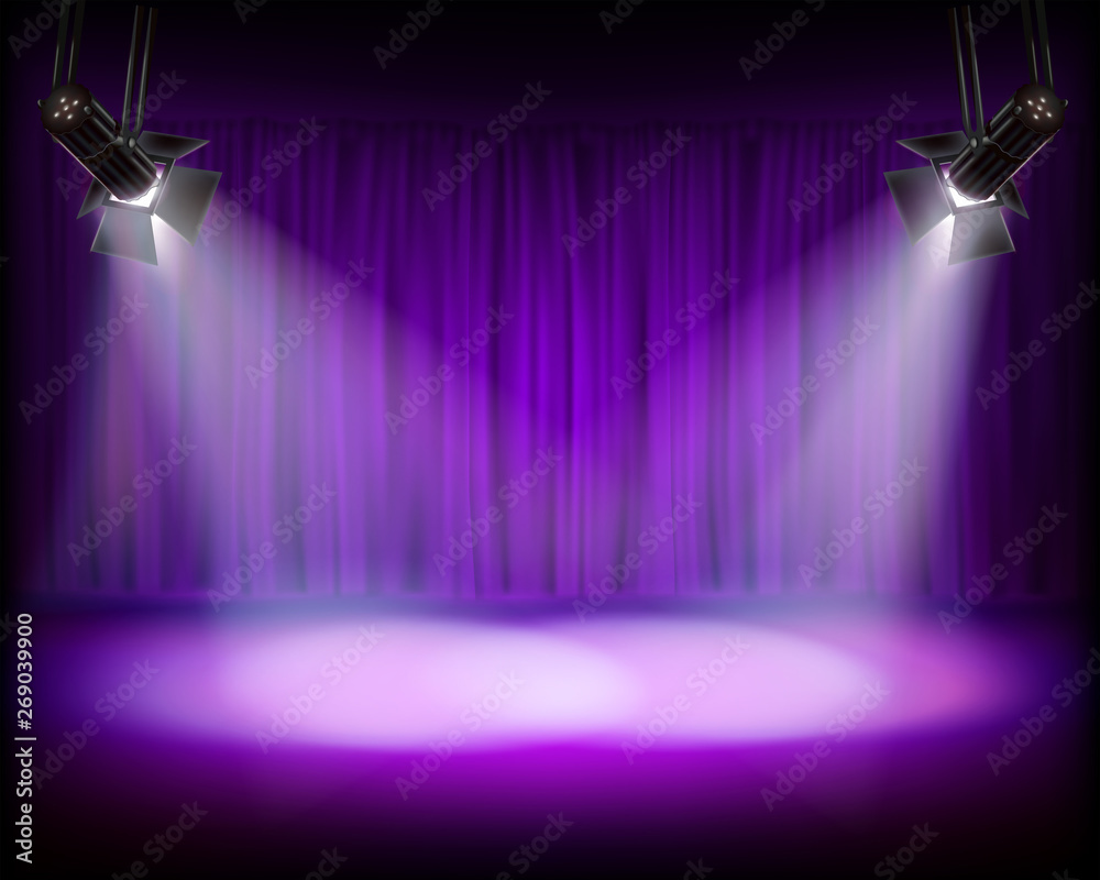 Empty illuminated stage. Theater auditorium with the curtain. Purple ...