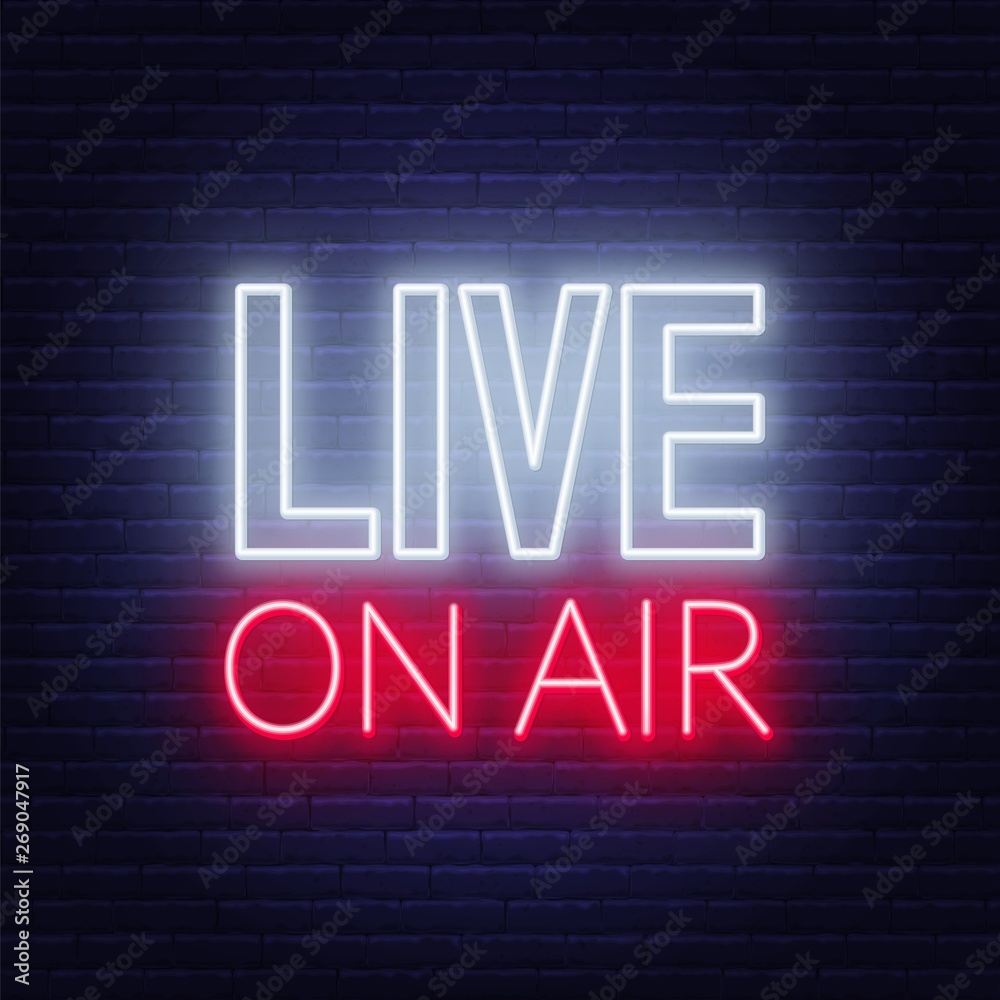Live on air glowing sign on a dark background. Vector illustration ...