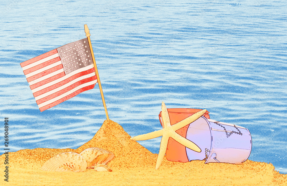 American flag stuck in the sand by the sea with copy space for your ...