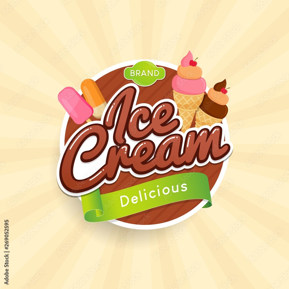 Logo label and badge of ice cream with chocolate taste delicious. Vector illustration for your design packaging and advertising Stock Vektorgrafik Adobe Stock