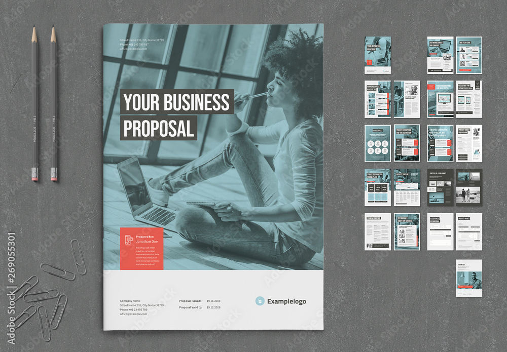 Proposal Layout in Pale Blue with Red Accents Stock Template | Adobe Stock