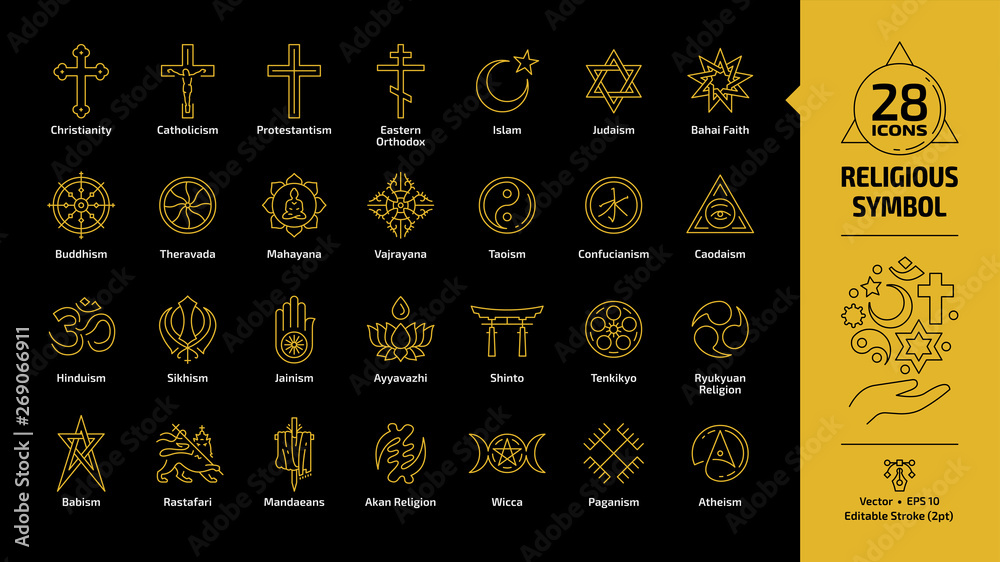 Religious symbol yellow outline icon set on a black background with ...