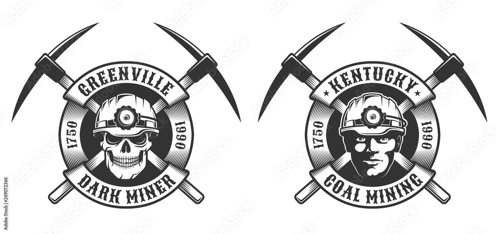 Coal miner vintage logo - crossed picks and circular ribbon. Skull in a ...