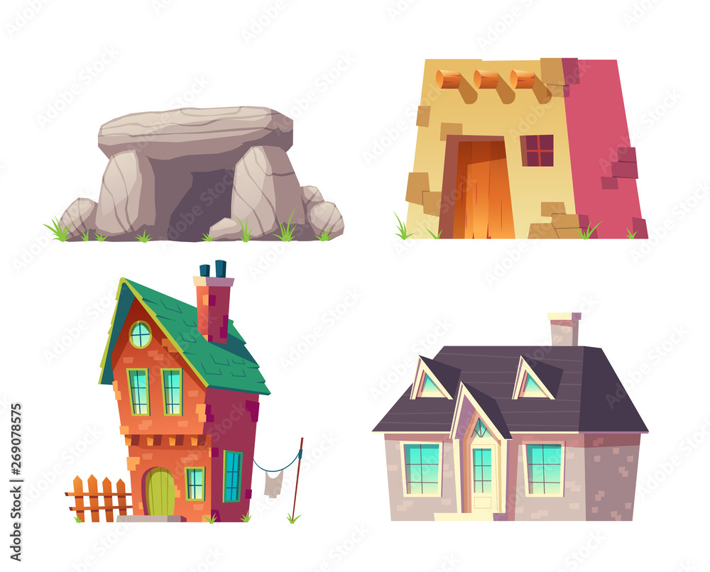 Naklejka Human homes from prehistoric to modern time cartoon vector set ...