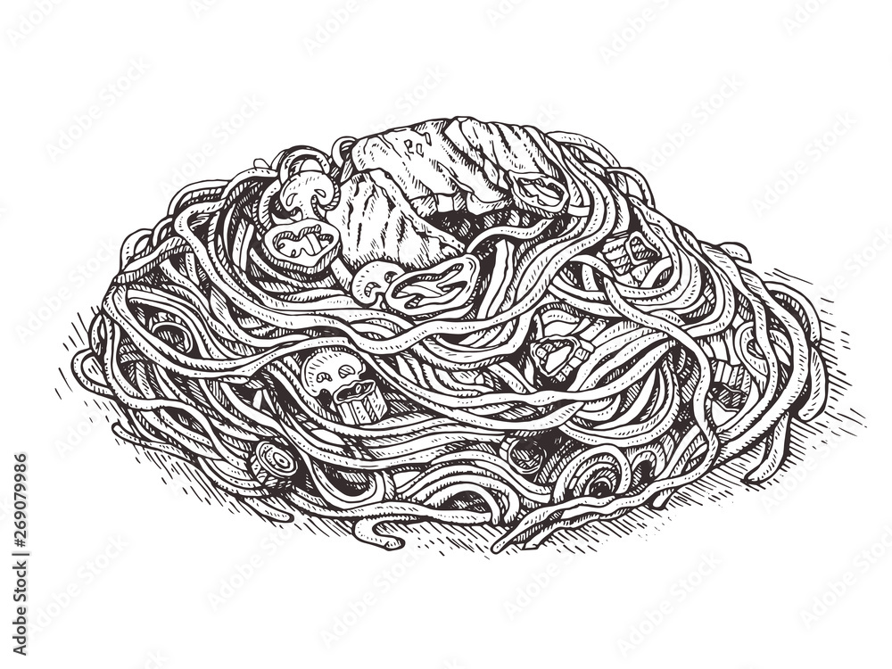 Lo mein with vegetables sketch, mushrooms.Chicken Chow Mein.Asia ...