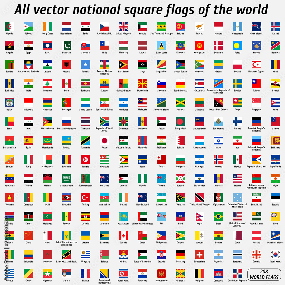 Vector collection of 208 national square flags with detailed emblems of ...