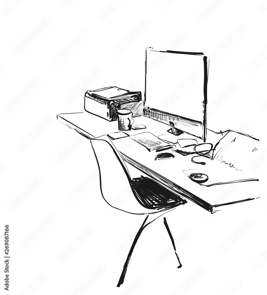 Hand drawn modern workplace. Chair and computer sketch Stock Vector ...