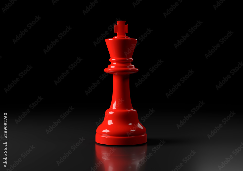 Red king chess, standing against black background. Chess game figurine ...