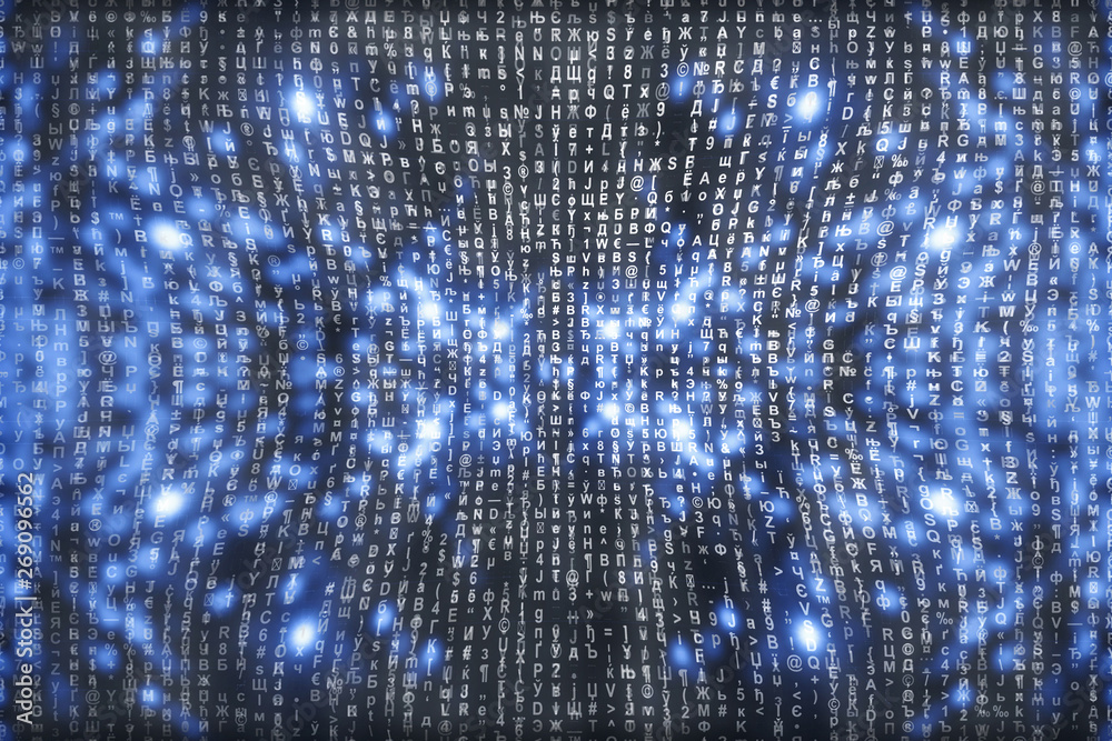 Blue matrix digital background. Abstract cyberspace concept. Characters ...