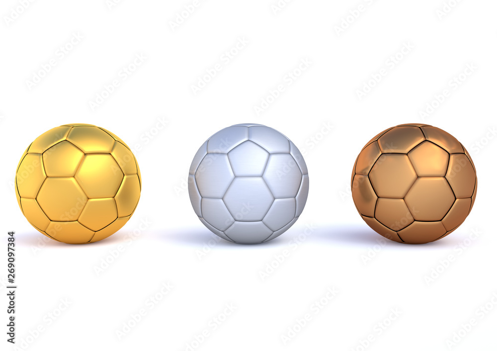 Three soccer football ball in gold, silver and bronze for first second ...
