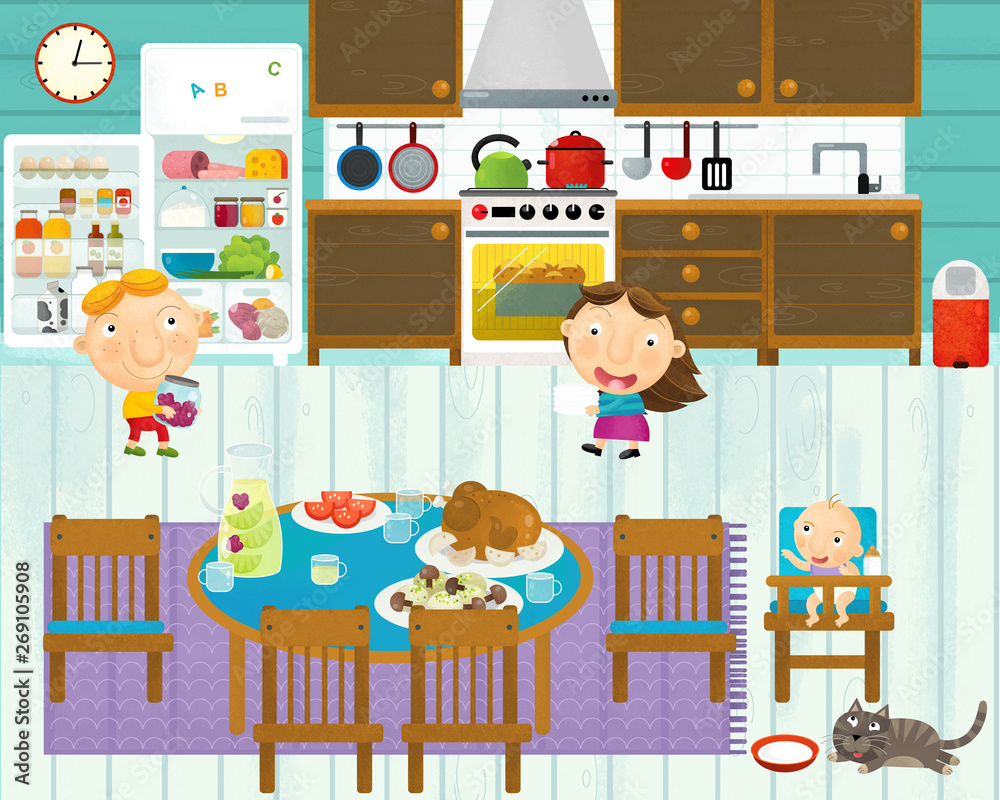 cartoon scene with family in the kitchen eating and cooking together ...