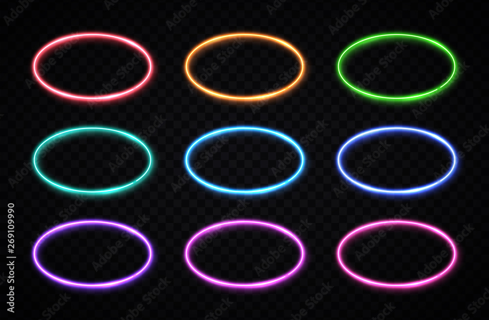 Oval frames collection. Circle chrome background. Colorful glowing ...