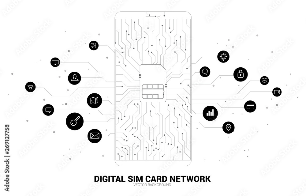 Vector Polygon dot connect line shaped sim card icon in mobile phone ...