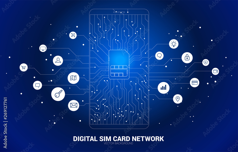 Vector Polygon dot connect line shaped sim card icon in mobile phone ...