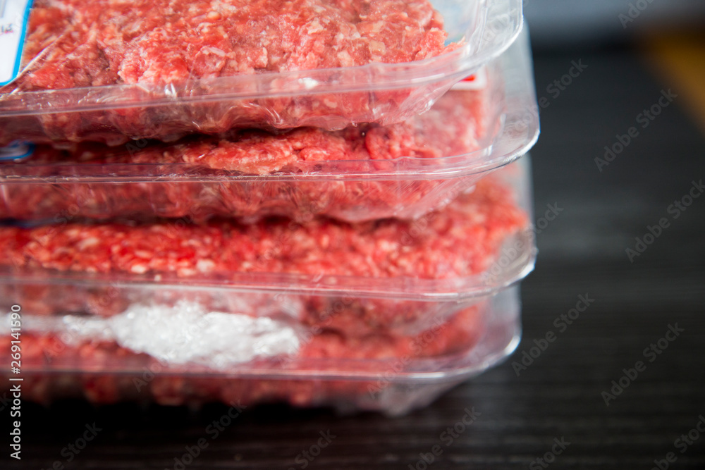 Packet of ground or minced beef. Wrapped in plastic wrapping, soft ...