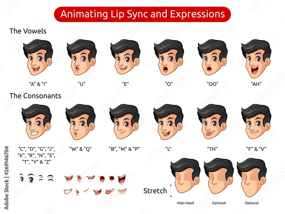 Man with black hair cartoon character design for animating lip sync and ...