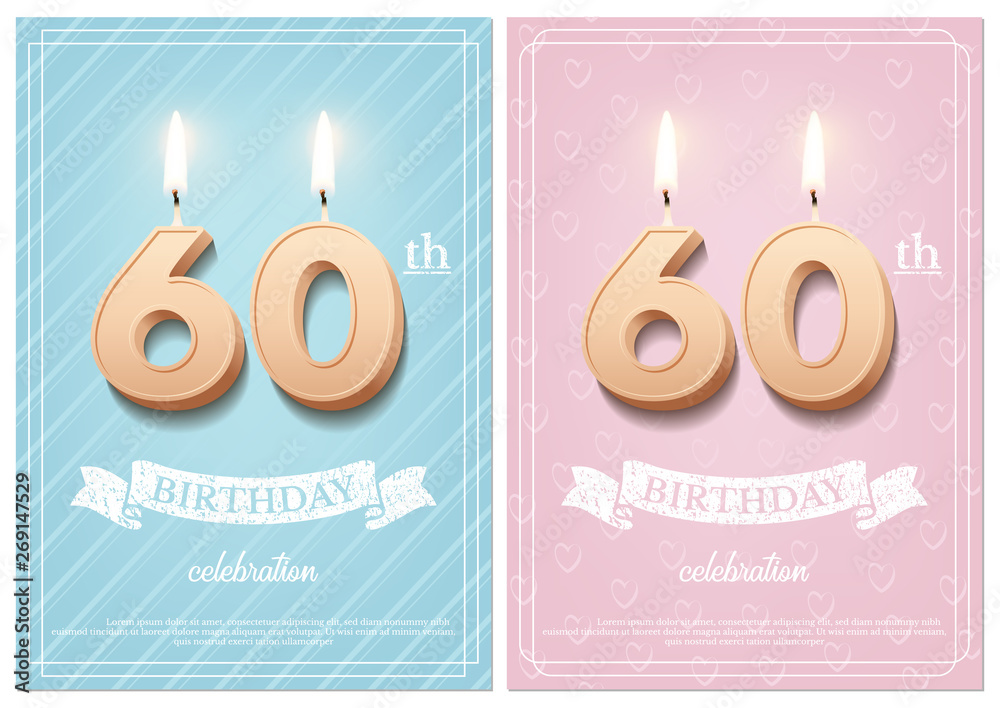 Burning number 60 birthday candles with vintage ribbon and birthday ...