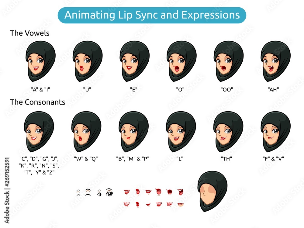 Muslim woman with hijab cartoon character design for animating lip sync ...