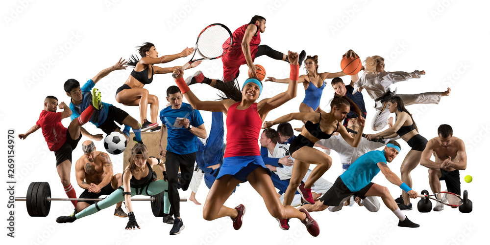 Sport collage. Fit women and men standing on white background Stock ...