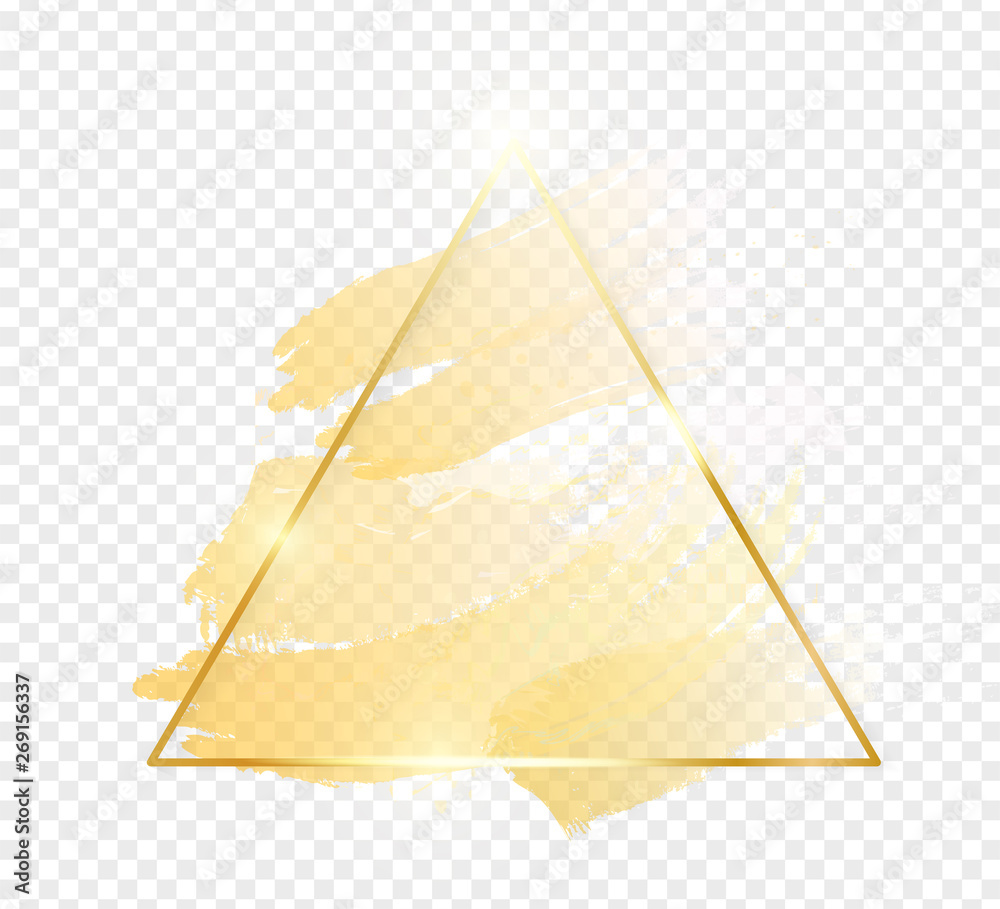 Gold shiny glowing triangle frame with golden brush strokes isolated on ...