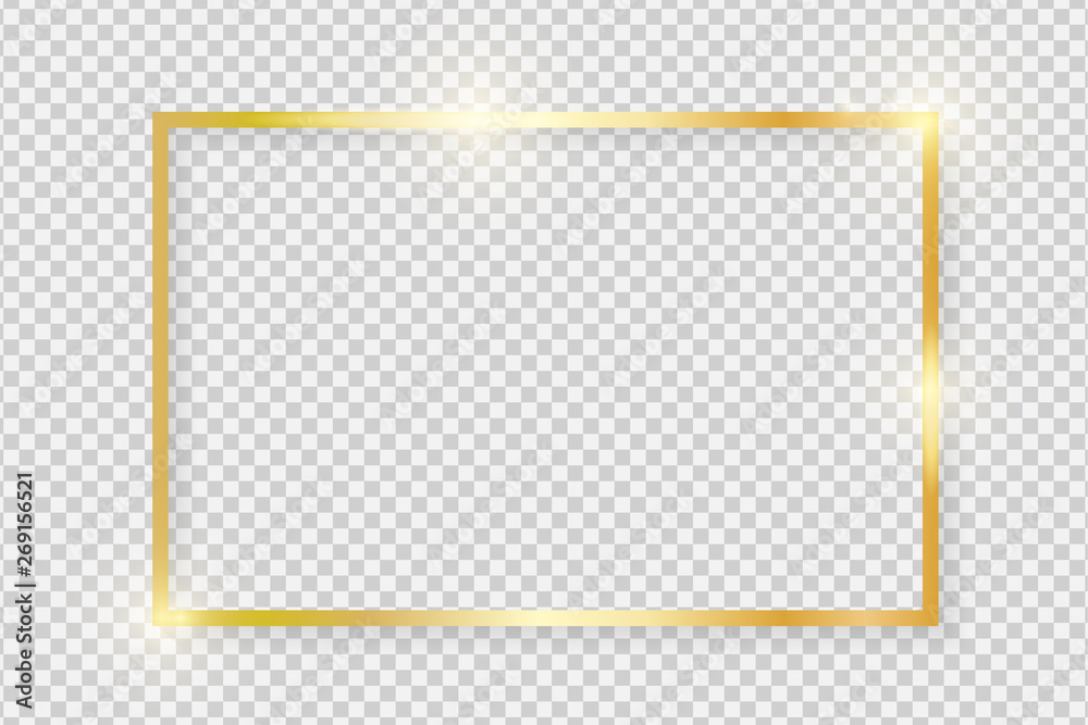 Gold shiny glowing vintage rectangle frame with shadows isolated on transparent background ...