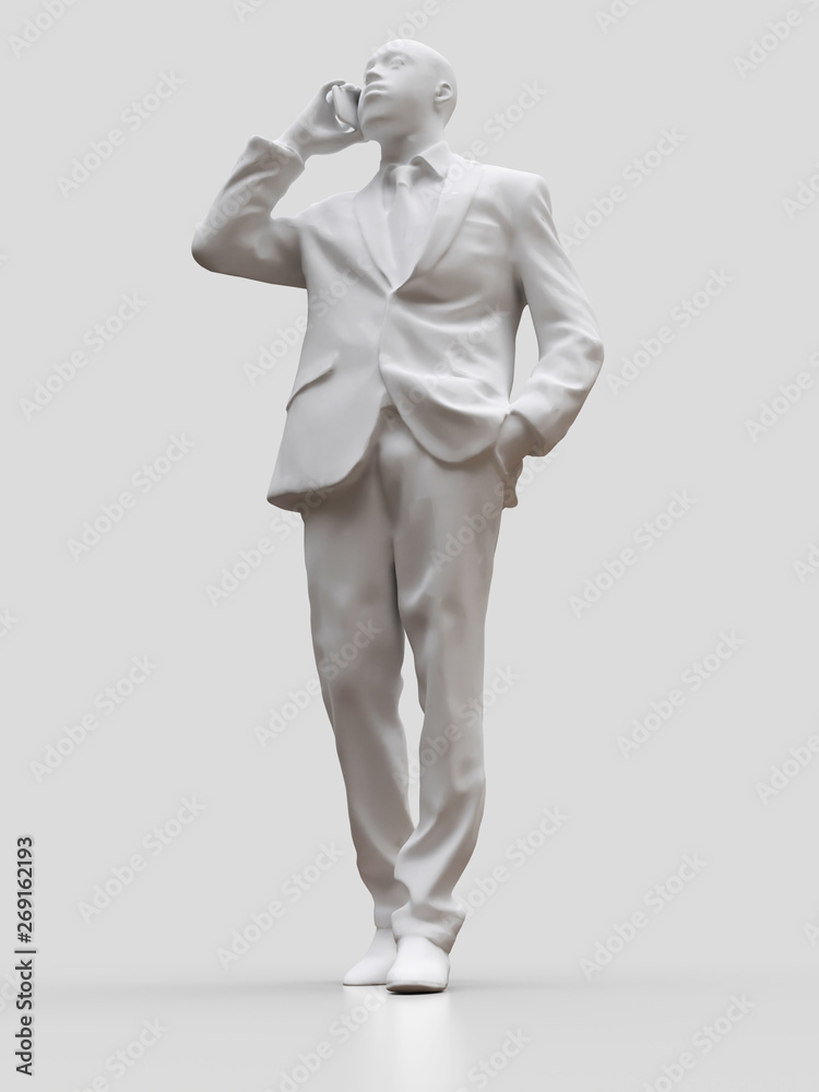 Plastic figure of a black man in a suit talking on the phone. 3d ...