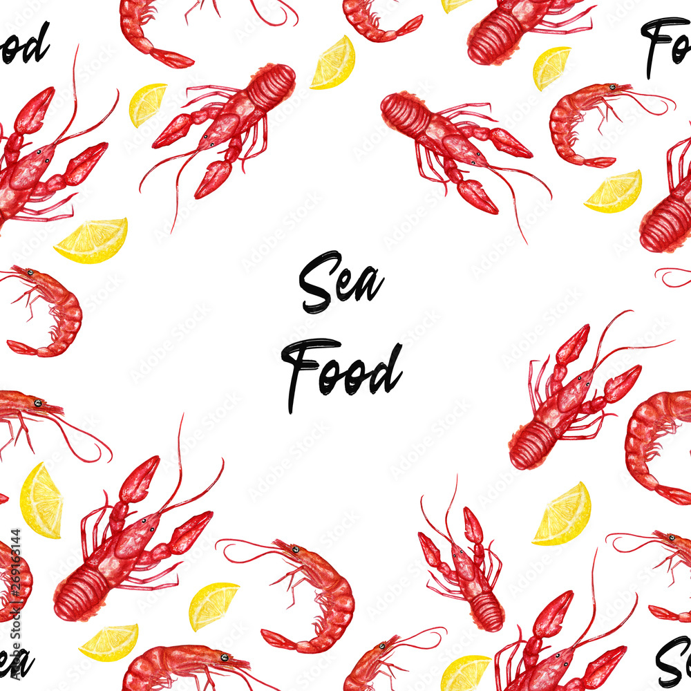 watercolor pattern with crayfish, lemon and shrimp. Sea food . Ocean ...