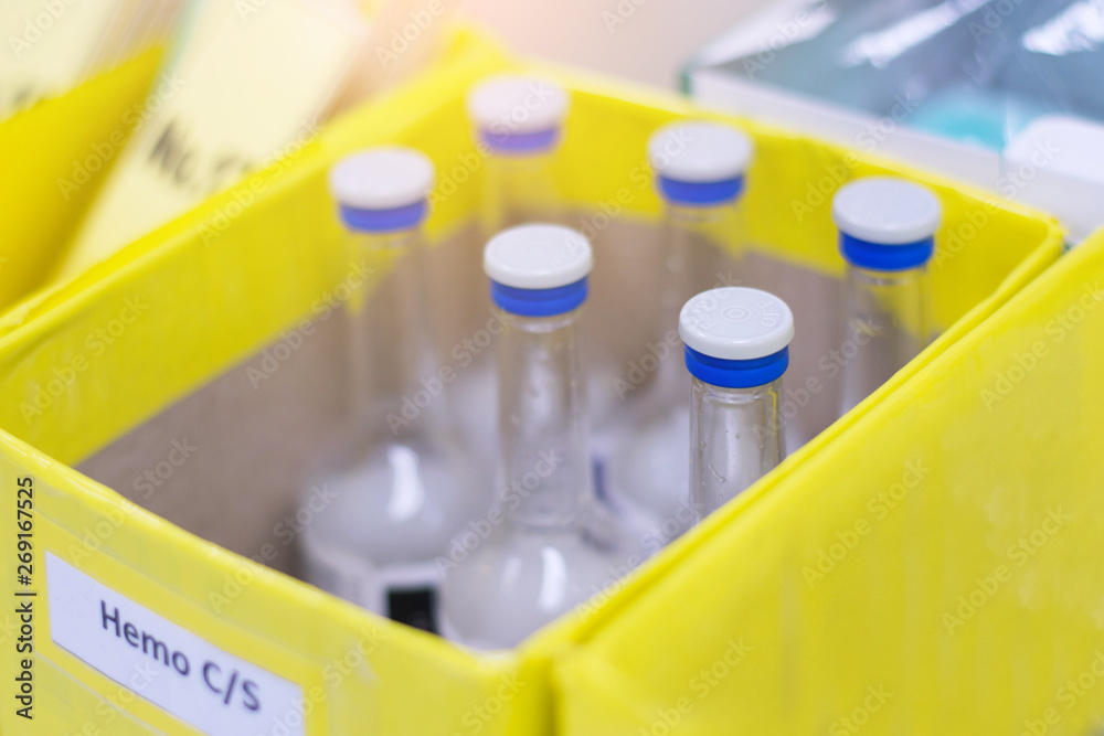 Selective focus of hemo culture bottle used in sepsis, isolated on ...