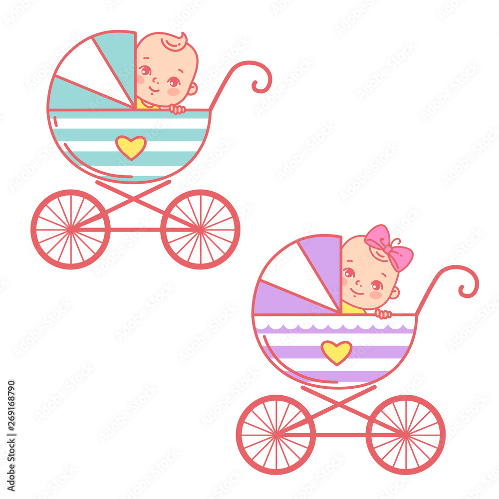 Baby boy and girl in carriage. Baby stroller and kids objects around ...